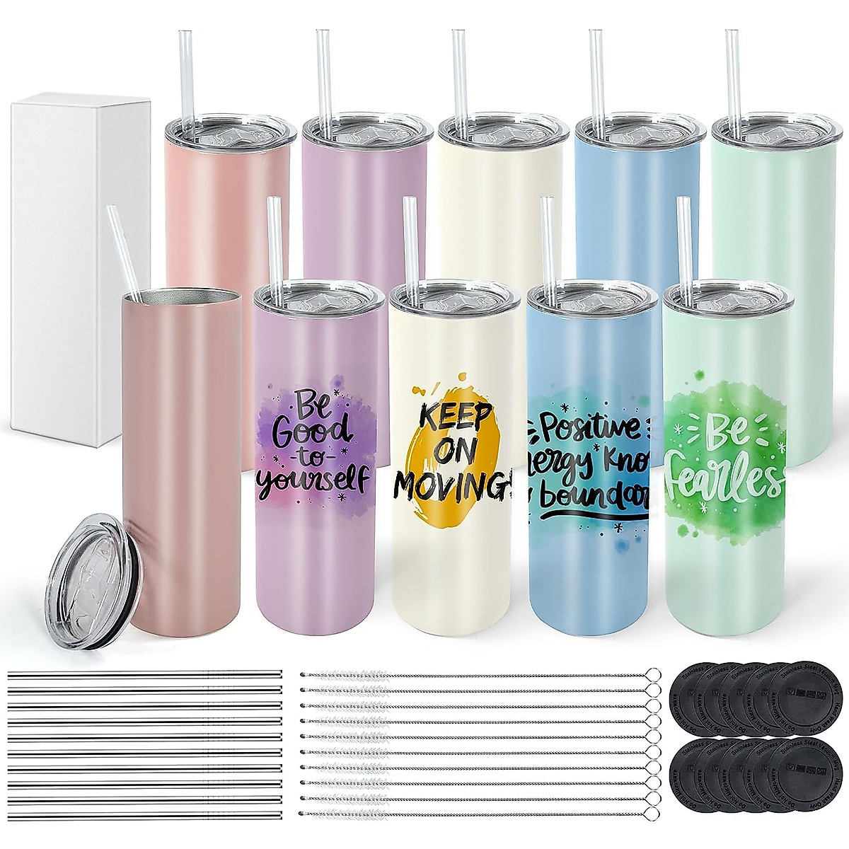 FECBK 20 oz Sublimation Tumblers Bulk 10 Pack Straight Skinny Tumblers Blanks with Lids and Straws Double Wall Stainless Steel Sublimation Tumbler Cups, Individually Box, Diy Gift, Macaron Color