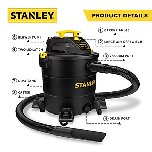 STANLEY 12 Gallon Wet/Dry Vacuum, 5.5 Peak HP, Multifunctional 3 in 1 Shop Vacuum with Blower,1-7/8"x6 Hose, Range for Garage, Carpet Clean, Jobsite SL18199P