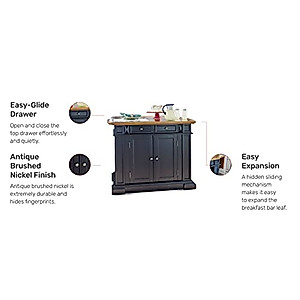 homestyles Americana Kitchen Island with Wood Top and Drop Leaf Breakfast Bar, Storage with Drawers and Adjustable Shelves, 50 Inch Width, Black and Oak