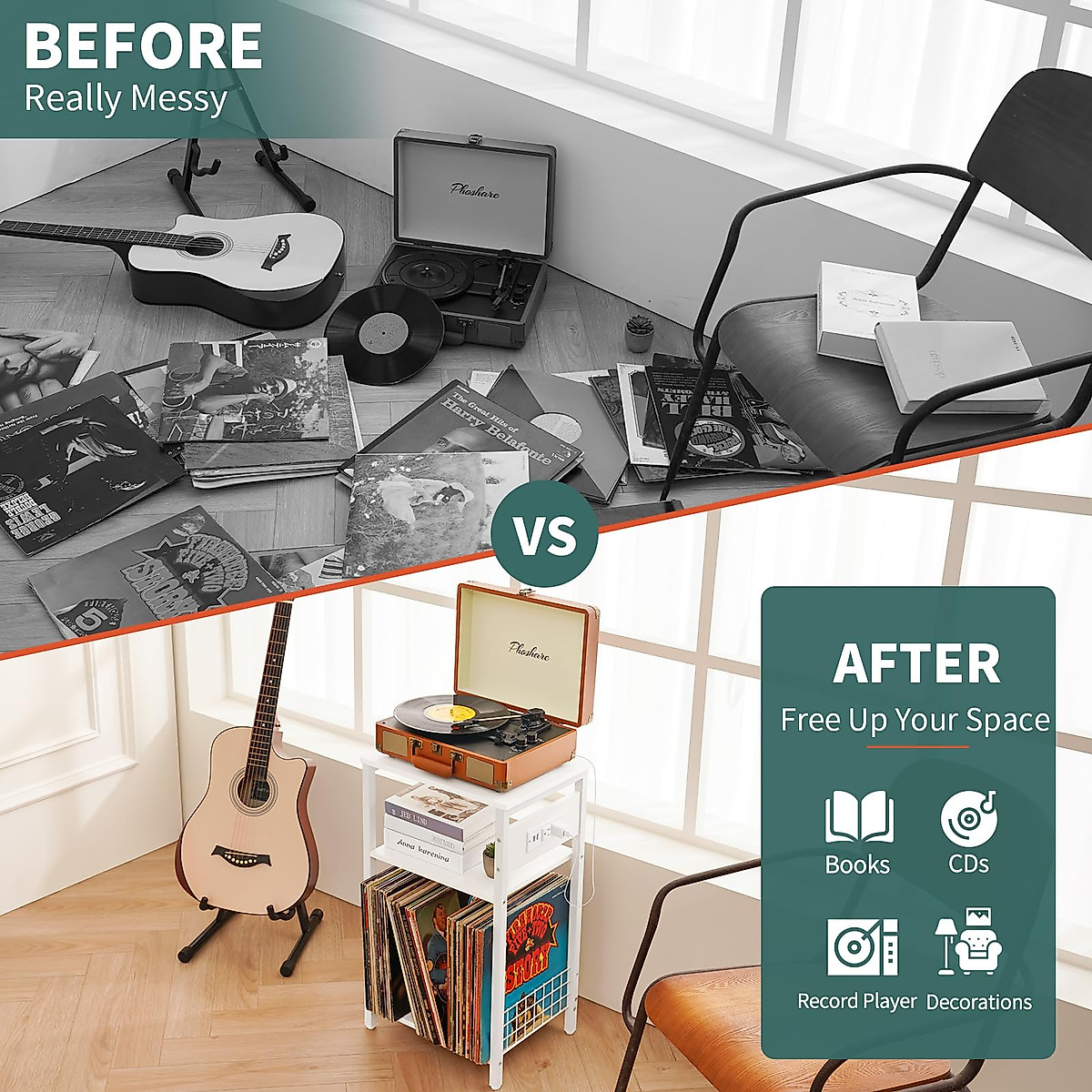 Yoobure Record Player Stand, 3-Tier White Side Table with Charging Station, Small End Table Nightstand with Vinyl Storage, Tall Beside Tables Turntable Stand for Album CD, Night Stand for Living Room