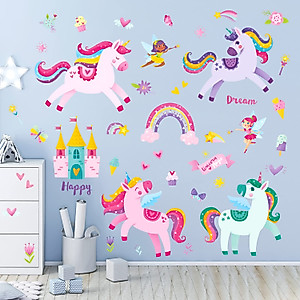 DECOWALL DS9-2119 Colorful Unicorn Wall Stickers Fairy Rainbow Kids Quote Decals Removable for Girls Nursery Bedroom Living Room Art Home Decor Decorations