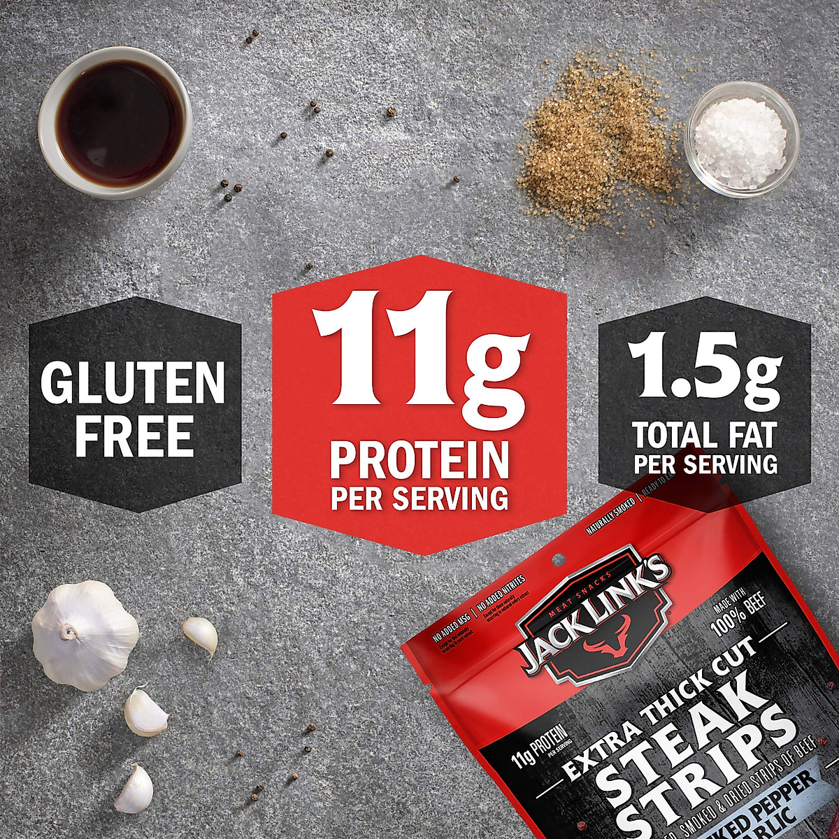 Jack Link's Steak Strips, Beef Jerky, Cracked Pepper & Garlic, Snack Bags, Thick Cut Protein Snacks, Ready To Eat - 11g of Protein, 80 Calories per Serving, Made with Premium Beef, 8 Oz (Pack Of 2)