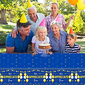 CHUNNIN 3pcs We Appreciate You Table Cloth Thank You Decorations for Work Anniversary Party Disposable Plastic Blue and Gold Table Cover for Coworker Employee Volunteer Teacher Appreciation Supplies