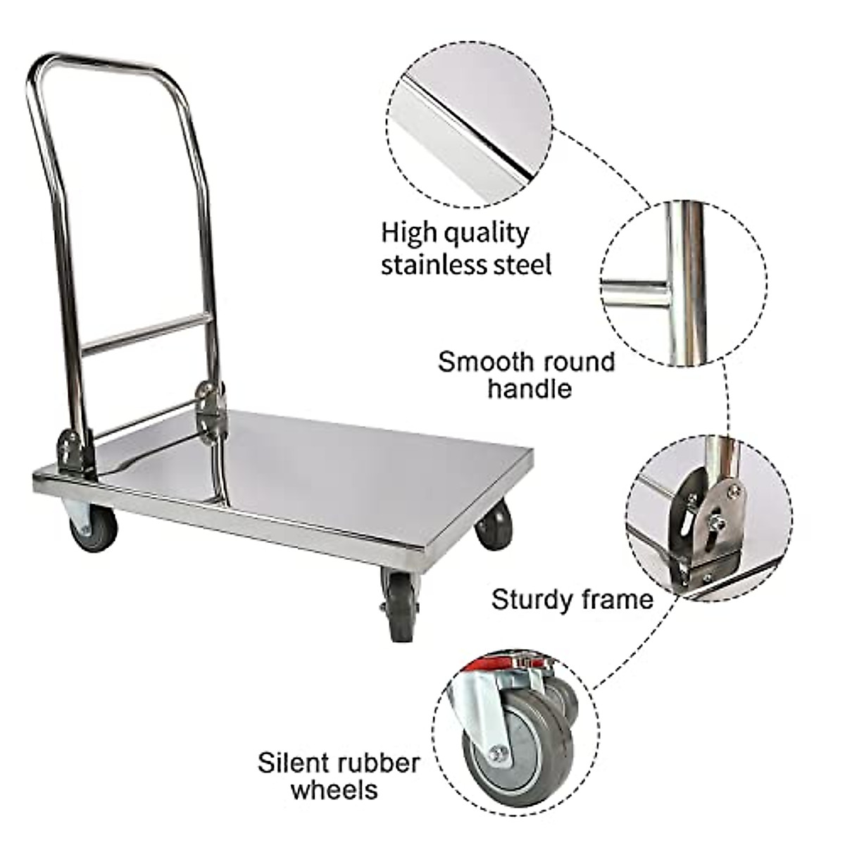 lesolar Push Cart Dolly 800lbs Folding Platform Truck Cart 32"x20" Heavy Duty Moving Platform Hand Truck Stainless Steel Foldable Moving Flatbed Dolly Cart with 360 Degree Swivel Wheels