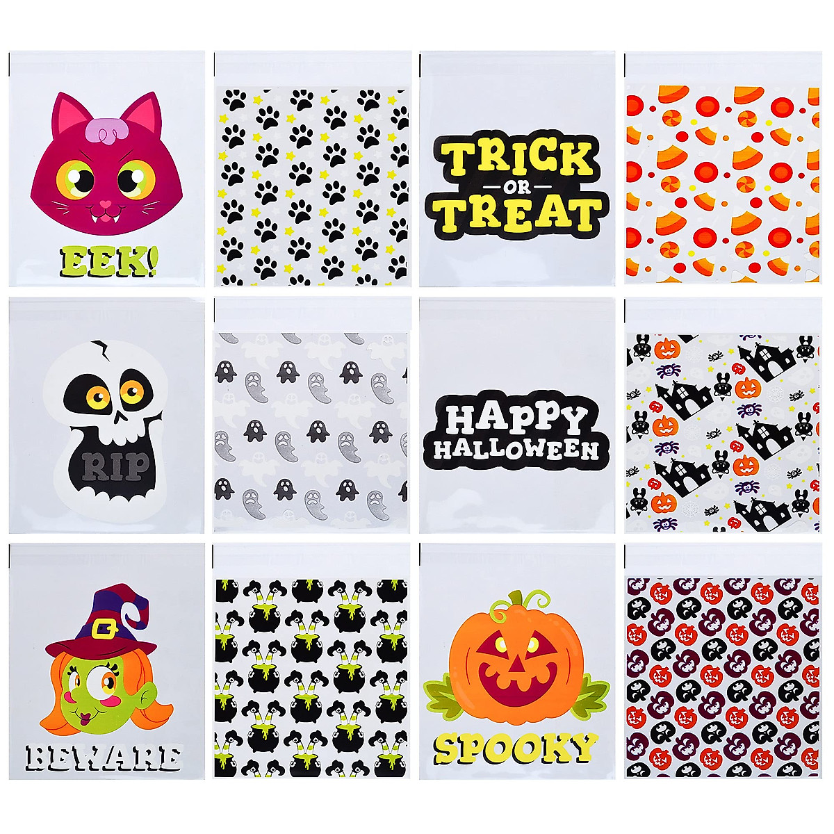 JOYIN 150 Pcs Halloween Cellophane Treat Bags, Halloween Clear Self Adhesive Cookie Bags Mini Candy Bags for Trick or Treat, Double Sided Halloween Bags for Kids Halloween Party Favor Supplies