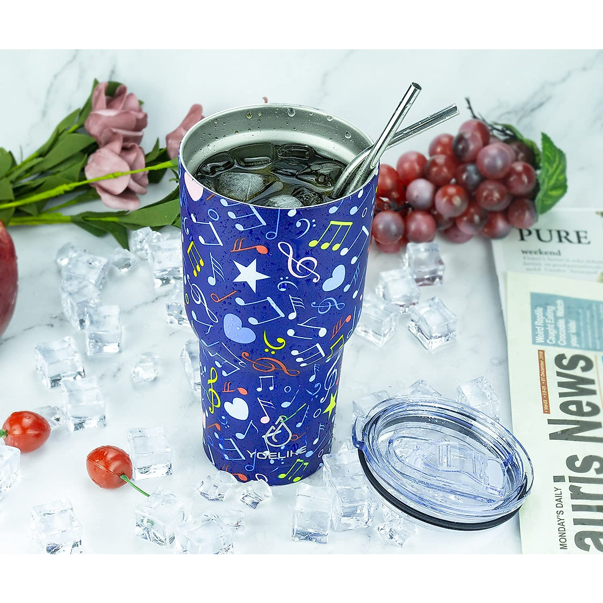 yoelike Music Note 30 oz tumbler with lid and straw, Stainless Steel, Vacuum Insulated Iced Coffee Tumbler Cup, Leak-Proof Travel Mug, Gift Box For Teacher Dad Mon Women Men Friend