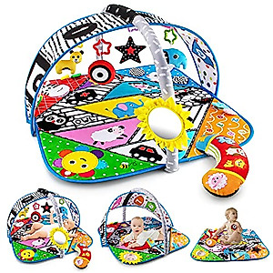 beetoy Baby Play Mat Activity Gym for Floor, Thick Baby Play Gym Activity Center with Baby Mirror, Stuffed Plush Toys, Soft Tummy Time Pillow for Babies Toddlers Infant Sensory Fine Motor Development