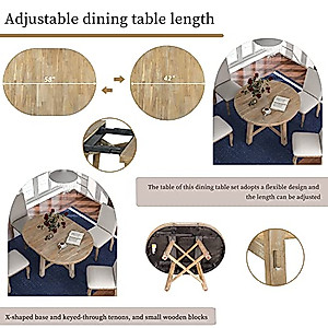 Merax 5-Piece Farmhouse Wooden Round Extendable Dining Table Set with 4 Upholstered Chairs, Family Kitchen Furniture, Natural_New