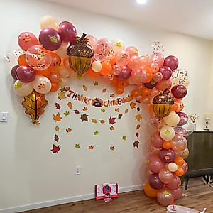 Fall Balloon Arch Kit, Fall Birthday Party Decor Orange Burgundy Dusty Pink Nude Balloon Garland with Maple Acorn Foil Balloons for Thanksgiving Autumn Fall Birthday Bridal Shower Party Decorations