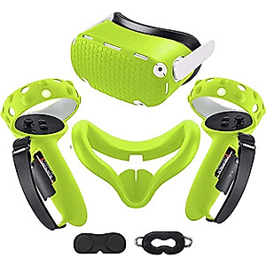 Compatible with Oculus Quest 2 Accessories, Silicone Face Cover, VR Shell Cover, Touch Controller Lengthening Grip Cover with Battery Opening Adjustable with Knuckle Straps Green