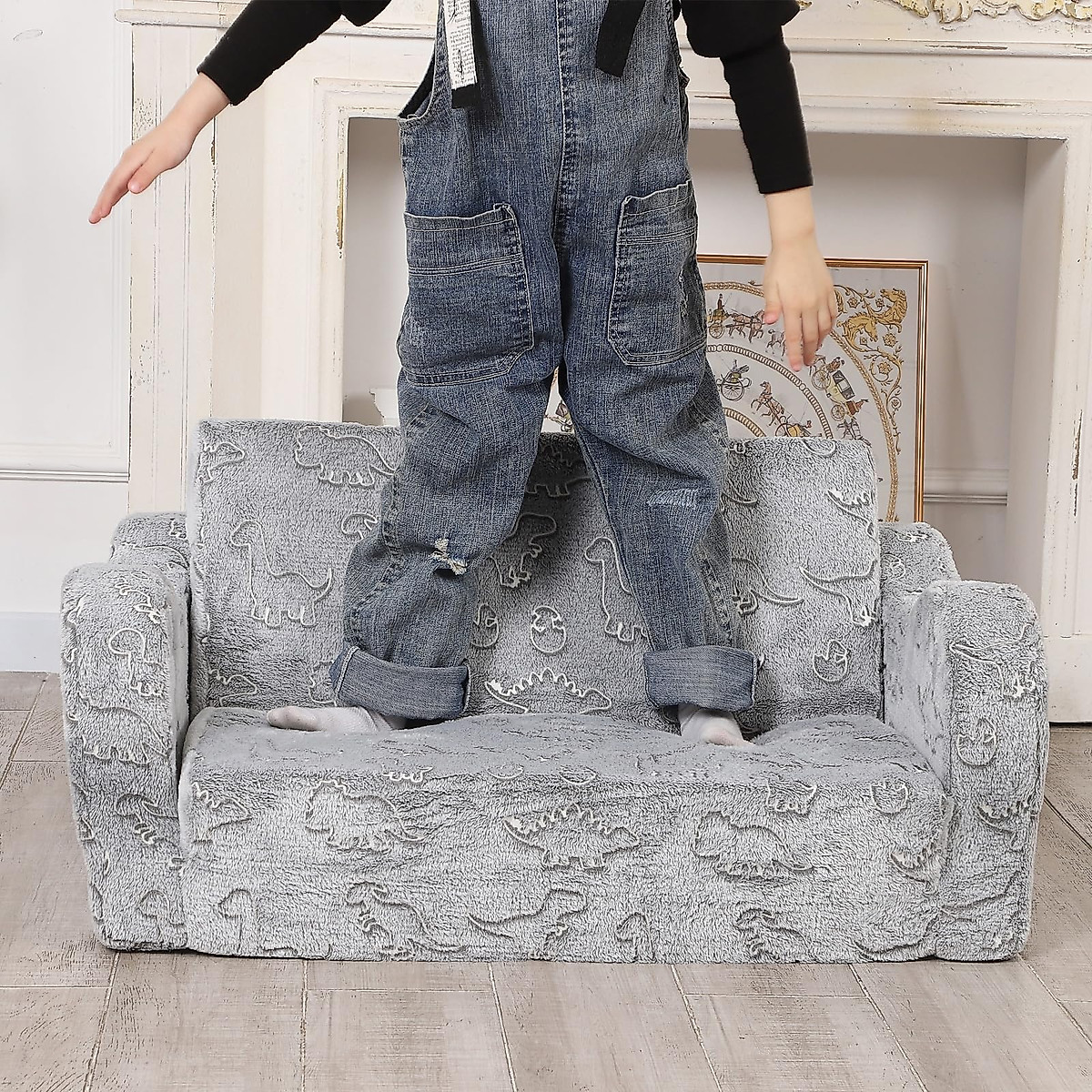 MOMCAYWEX Kids Extra Wide Glow in The Dark Chairs for Toddler, 2-in-1 Toddler Soft Sherpa Couch Fold Out, Convertible Sofa to Lounger for Girls and Boys, Dark Grey