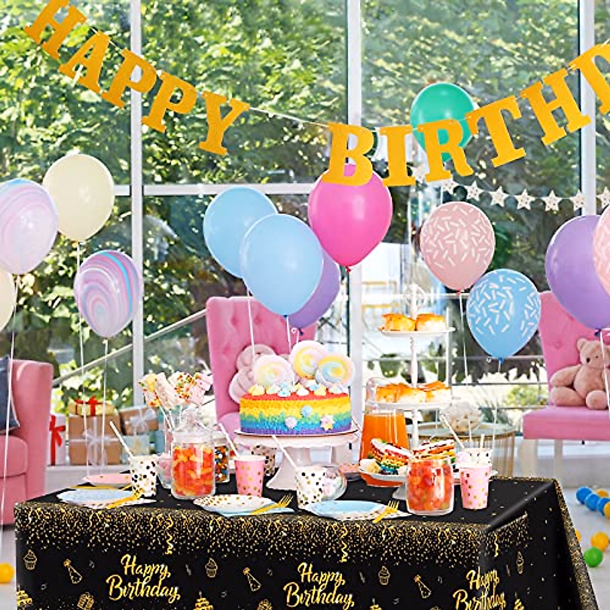 Aneco 2 Pack Black Gold Happy Birthday Tablecloths Party Table Cloth Covers Table Covers for Party Decorations Wedding Supplies, 108 x 54 Inches