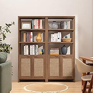 SICOTAS Bookshelf 5 Tier Book Shelf Rattan Boho Tall Bookcase with Doors Storage Wood Shelves Large Bookshelves Farmhouse Bookcases Library Book Case for Living Room Bedroom Home Office Kitchen (Oak)