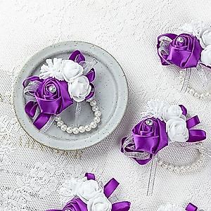 WeddingBobDIY 12Pcs/lot Women Bride Bridal Bridesmaid Wrist Corsage Silk Rose Pearls Girls Wedding Hand Flowers Party Decoration (Purple)
