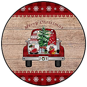 OUR DREAMS Christmas Round Area Rugs Children Crawling Mat Non-Slip Mat, Truck Xmas Gnomes on The Wooden Board Residential Carpet for Living Dining Room Kitchen Rugs Decor, 3Ft(36In)
