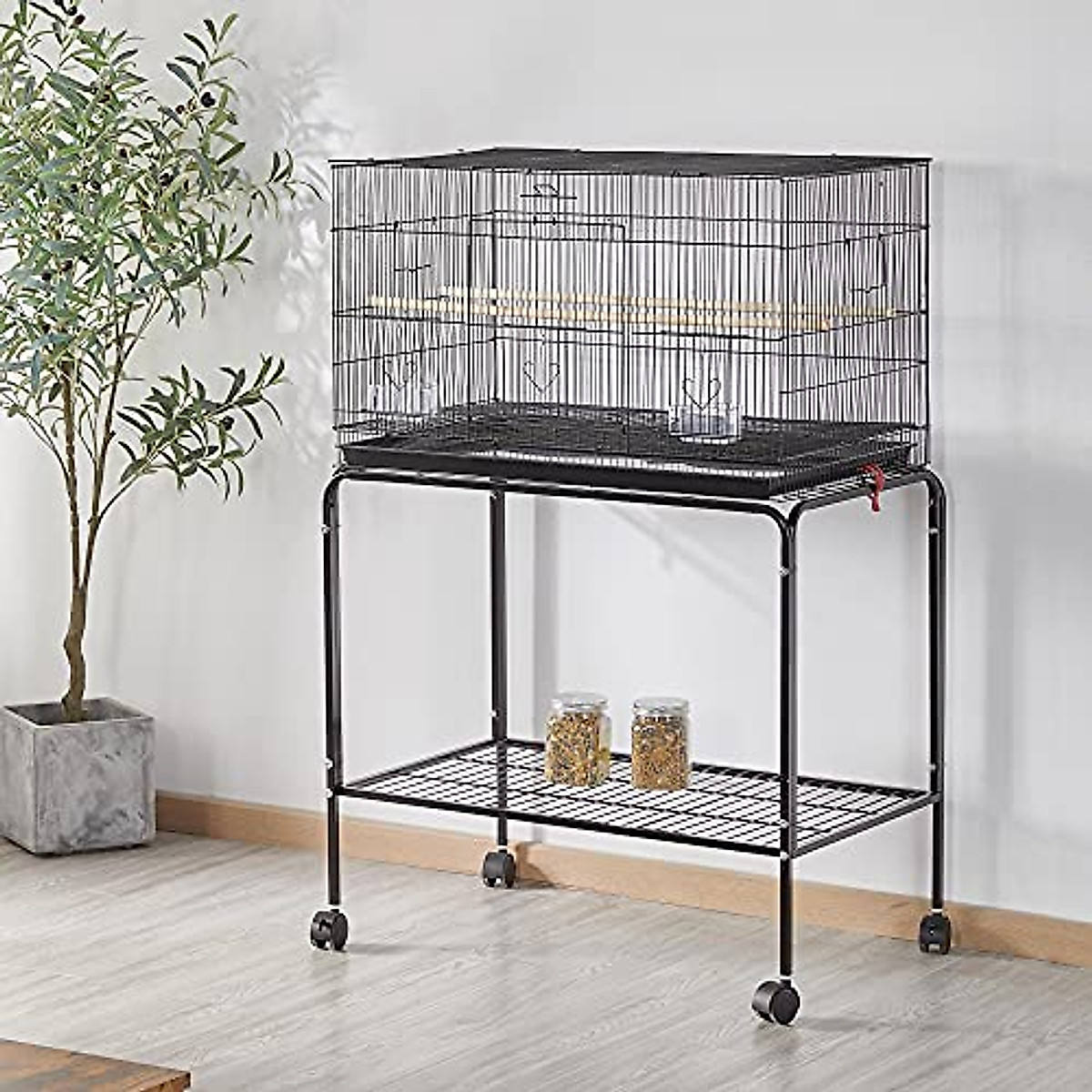 Yaheetech 47-inch Rolling Breeding Flight Bird Cages for Parakeets Budgies Finches Cockatiels Conures Lovebirds Canaries Parrots w/Detachable Stand, Black