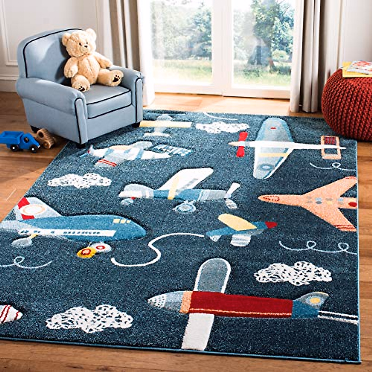 SAFAVIEH Carousel Kids Collection Accent Rug - 4' x 6', Navy & Ivory, Non-Shedding & Easy Care, Ideal for High Traffic Areas for Boys & Girls in Playroom, Nursery, Bedroom (CRK167N)