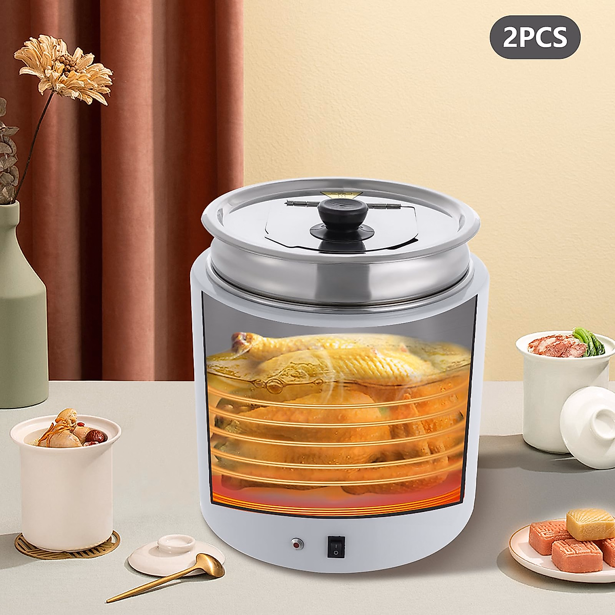 2 Pcs Food Warmers Countertop Soup Warmer Stainless Steel Food Holding Warming Equipment 10L/2.64 gal Commercial Soup Warmer Pot with Hinged Lid Detachable Liners (White, Silver)