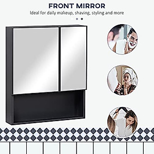 kleankin Wall-Mounted Medicine Cabinet, Bathroom Mirror Cabinet with Double Doors and Storage Shelves, Black