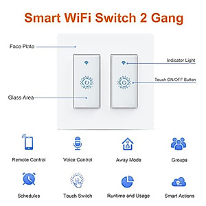 Smart Switch, Smart Light Touch Switch 2 Gang, Double Smart WiFi Light Switches, Smart Switch 2 Gang Compatible with Alexa and Google Home, Neutral Wire Needed, No hub Required (2Gang)