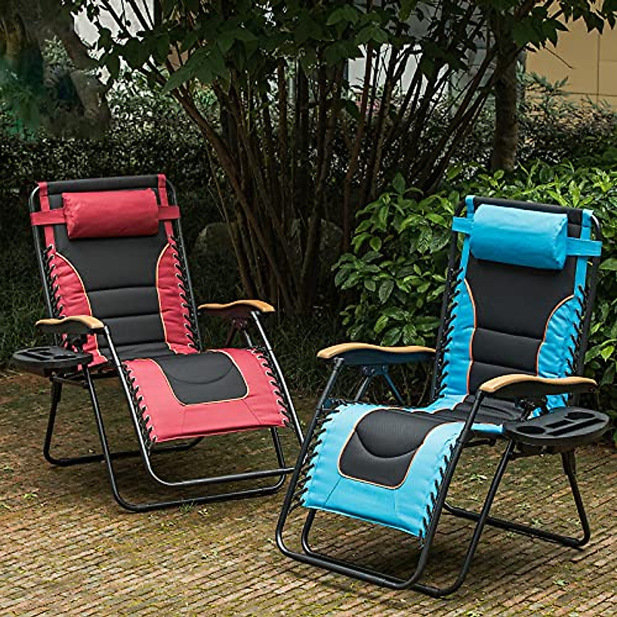 VOYSIGN Oversized Reclining Patio Chair, XL Padded Adjustable Zero Gravity Lounge Chair w/Pillows and Cup Holder Trays, Support 350 lbs - Sky Blue