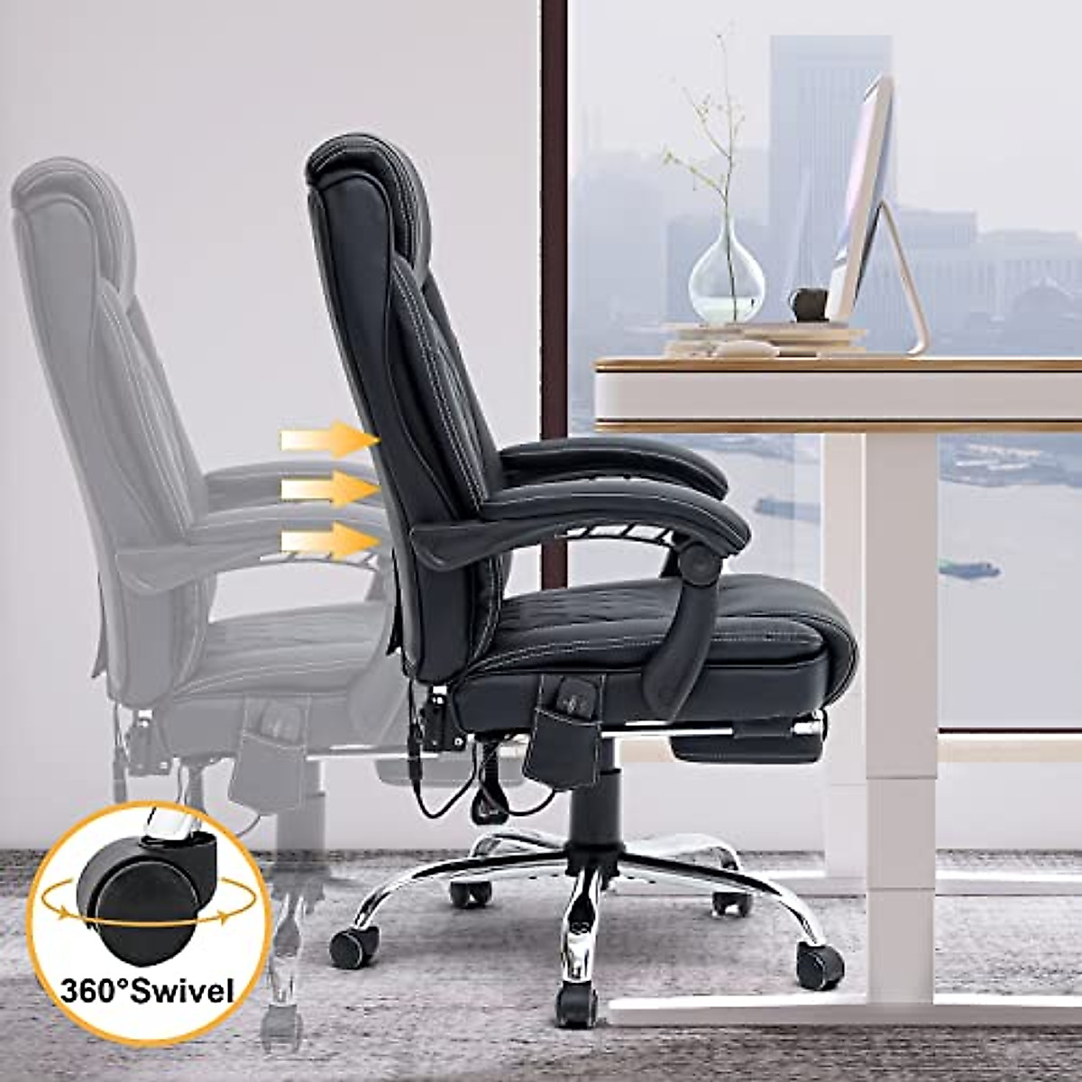 HOMREST 6-Point Massage Office Chair,Heated Executive Chair,Ergonomic Home Office Desk Chair,PU Leather with Retractable Footrest,Adjustable Armrest & Head Support(Black)