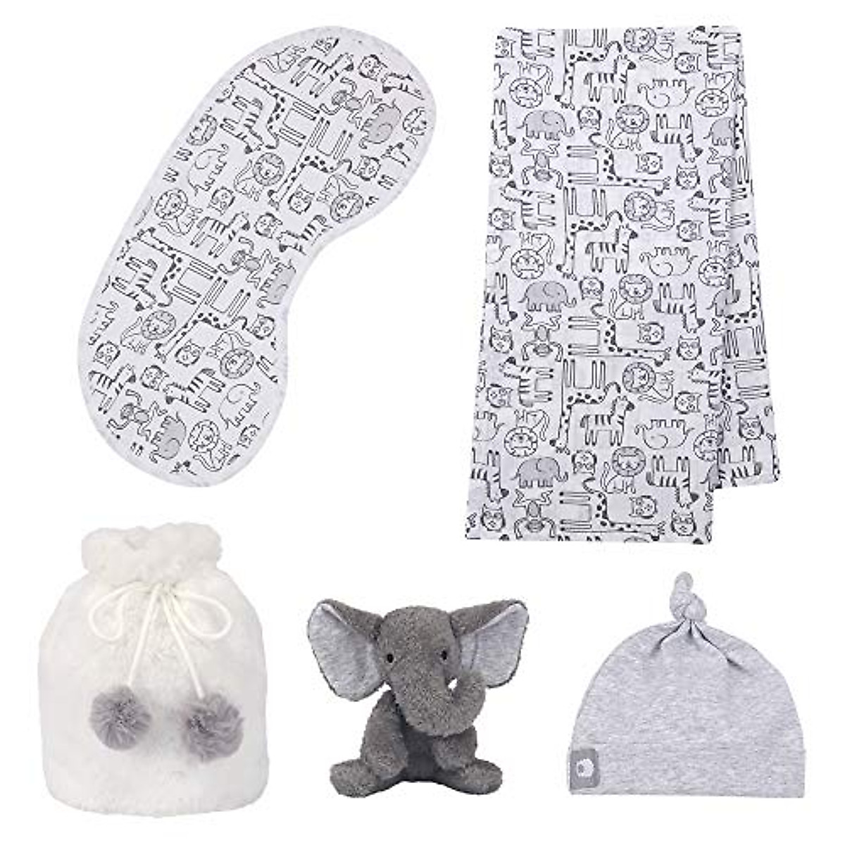 Lambs & Ivy 5 Piece Gray/White Plush Infant/Newborn Baby Gift Bag w/Swaddle