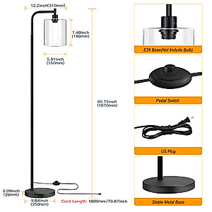 MAXvolador Industrial Floor Lamp, Modern Standing Lamps with Hanging Clear Glass Shade, Classic Reading Tall Pole Light for Living Room Bedroom Office Study Room Farmhouse, Black