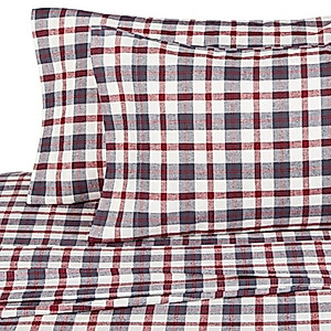Amazon Brand – Pinzon 160-Gram Plaid Flannel Cotton Bed Sheet Set, Queen, Red / Grey Plaid