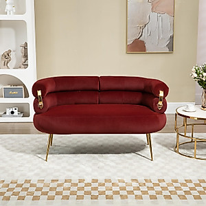 Loveseat Sofa Small Velvet Couch with Gold Metal Feet Modern Mini Settee Loveseat with Curved Back Comfy Accent Upholstered Cloud Sofa for Bedroom Small Spaces, 50'' Wine Red