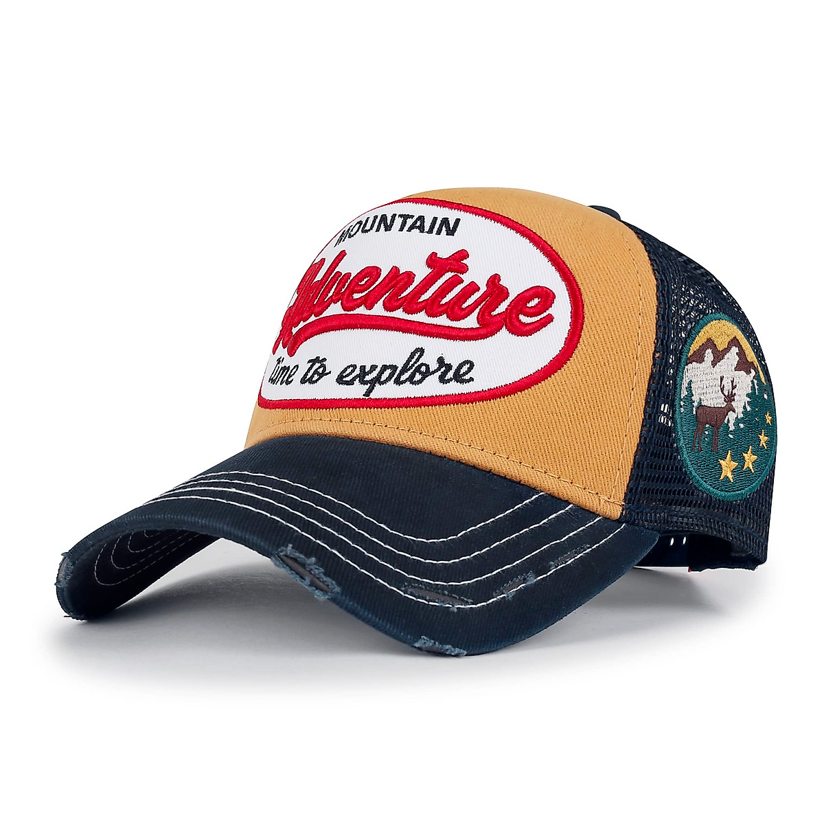 ililily Premium Adventure Patch Structured Trucker Hat Distressed Baseball Cap (as1, Alpha, m, Yellow - Adventure)