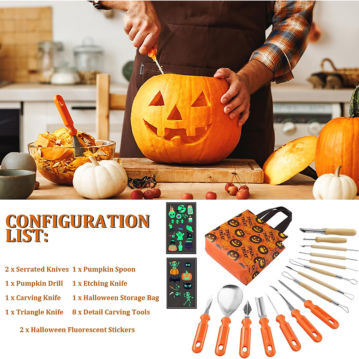 Haromala Halloween Pumpkin Carving Kit, Professional Stainless Steel Pumpkin Carving Tools Kit with Storage bag and luminous Tattoos, Carve Sculpt Jack-O-Lanterns for Decorations DIY