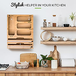 Declutter - Bamboo Ziploc Bag Organizer with Dual Dispensers and Cutters - Kitchen and Home Organization Tool for Gallon, Quart, Sandwich, Snack Bags - Fits in Kitchen Cabinets and Drawers