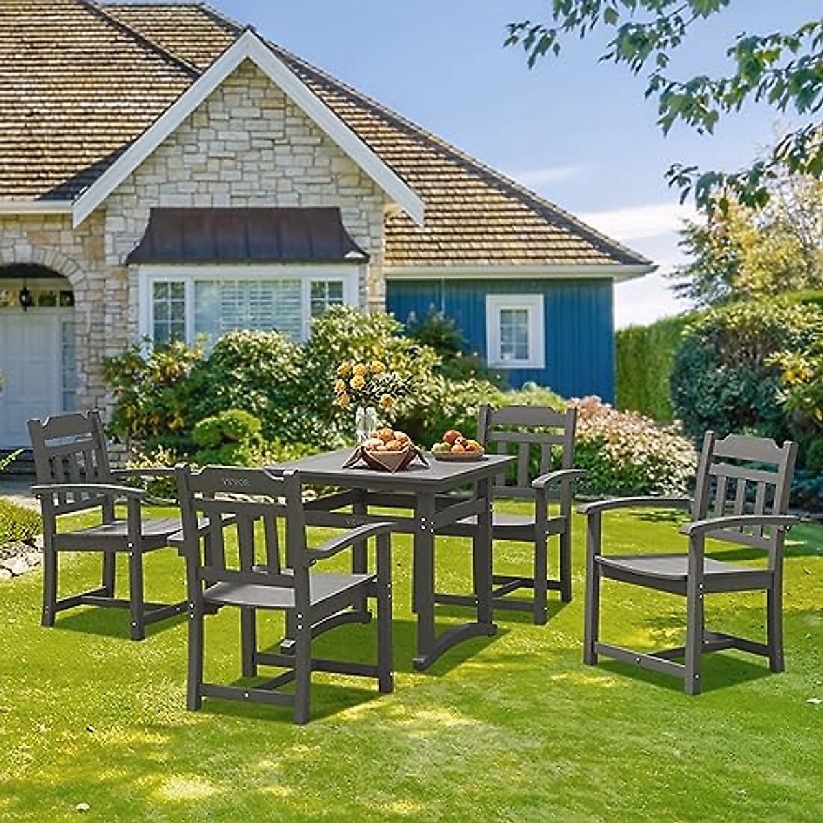 VEVOR 5 Pieces Patio Dining Set, Outdoor Square Furniture Table and Chairs, All Weather Garden Furniture Table Sets, HIPS Small Patio Conversation Set, for Lawn, Deck, Backyard, Poolside, Light Gray