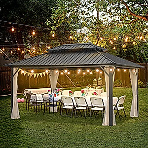 Leisurelife 10'x12' Galvanized Steel Double Roof Hardtop Gazebo with Nettings for Patio Outdoor Backyard Garden or Grill, Heavy Duty Canopy Tent, Aluminum Frame
