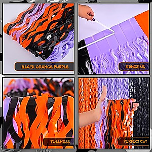Mega-L Halloween Foil Fringe Curtains, 3 Pack Orange Purple Black Photo Booth Props, 18 Pcs PVC Bat & Spider Stickers Wall Decals, Halloween Photo Backdrop Wall Decor for Halloween Party Decorations