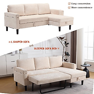 Sectional Couch with Pull Out Sofa Bed, Sleeper Sofa with Side Table and Storage Chaise, L Shape Sofa Bed Couch with Pocket, Convertible Couches for Living Room Bedroom Apartment, Beige