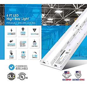 Parmida 4FT LED Linear High Bay Shop Light, 225W, 130LM/W, 0-10V Dimmable, Commercial Industrial Warehouse Area Lighting, 5000K, Hanging Chain Included, UL-Listed & DLC 4.2 Qualified