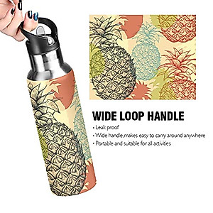 Qilmy Colorful Pineapple Water Bottle Vacuum Insulated Stainless Steel Water Bottles with Straw Lid Leakproof Wide Mouth Water Flask for Fitness Outdoor Sports, 20 oz