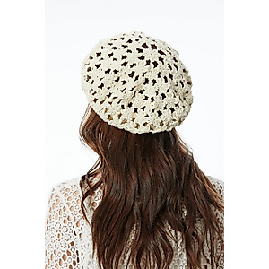 ZLYC Women Cotton Slouchy Crochet Beret Handmade Cutout Floral Beanie Hat (Beige)
