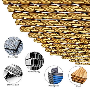 KIK Drill Bit Set- 13Pcs Titanium Coating High Speed Steel Twist Jobber Length for Wood Plastic Aluminum Alloy with Indexed Storage Case, 1/16"-1/4"