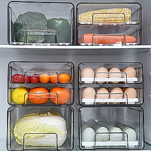 elabo 32 Grid Large Capacity Egg Holder for Refrigerator, Stackable Refrigerator Organizer Drawers with Removable Drain Tray, Fridge Organizer Bins, Pull Out Food Storage Container Bins with Drawers