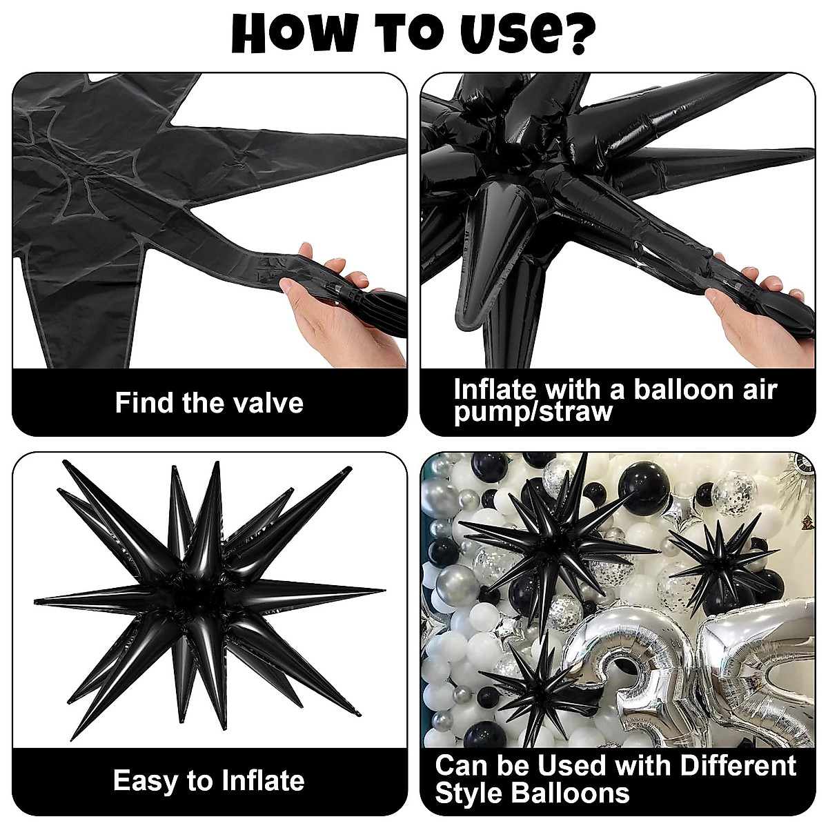 10 Pcs Star Balloons Explosion Starburst Balloons Foil Cone Balloons Magic for Birthday Wedding Anniversary Party Backdrops Decorations Supplies, 6 Pcs 22 Inches and 4 Pcs 27 Inches (Black)