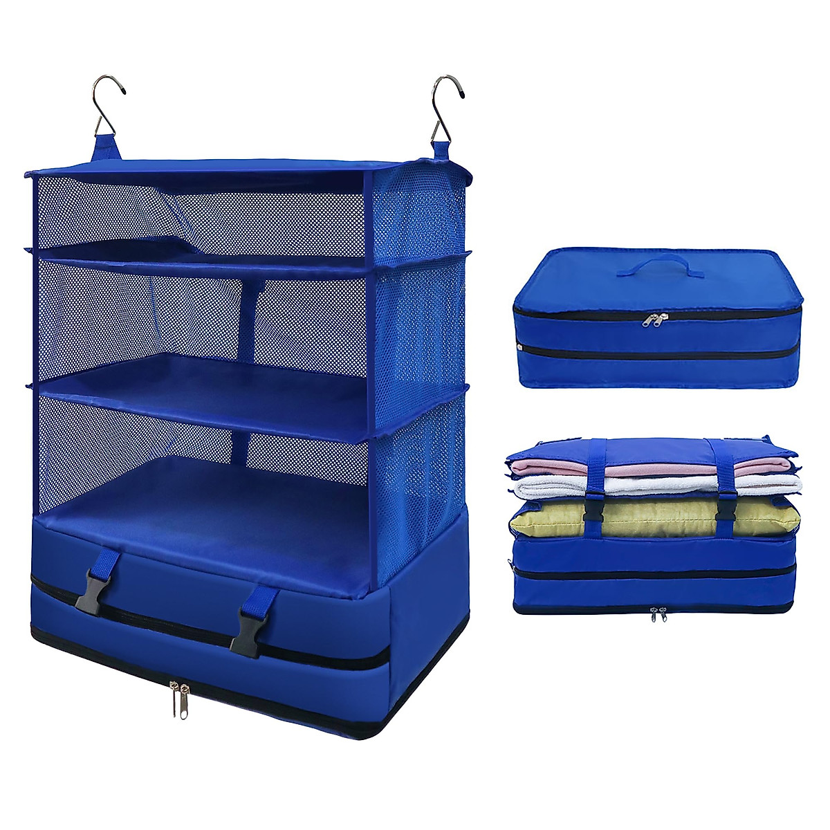Caroeas Portable Hanging Travel Shelves Bag Suitcase Organizer Carry-on Closet Packing Cubes for Travel, 4-Shelf Suitcase Closet with 2 Hooks, X-Large Capacity, Blue