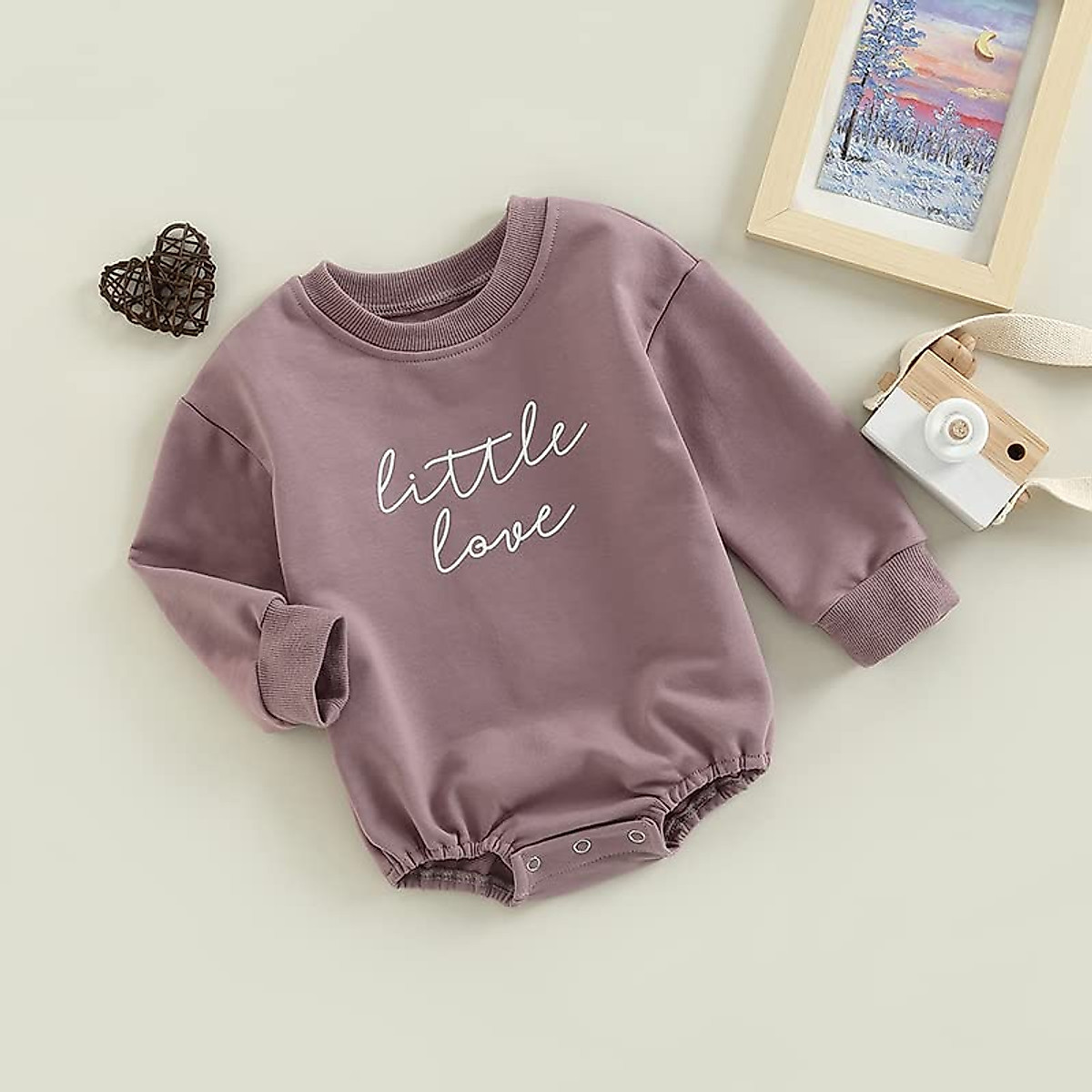 FYBITBO Baby Girl Boy Crewneck Sweatshirt Bubble Romper Long Sleeve Shirt Onesie Valentines Day Outfit Fall Clothes (Little Love Pale Purple,0-3 Months)