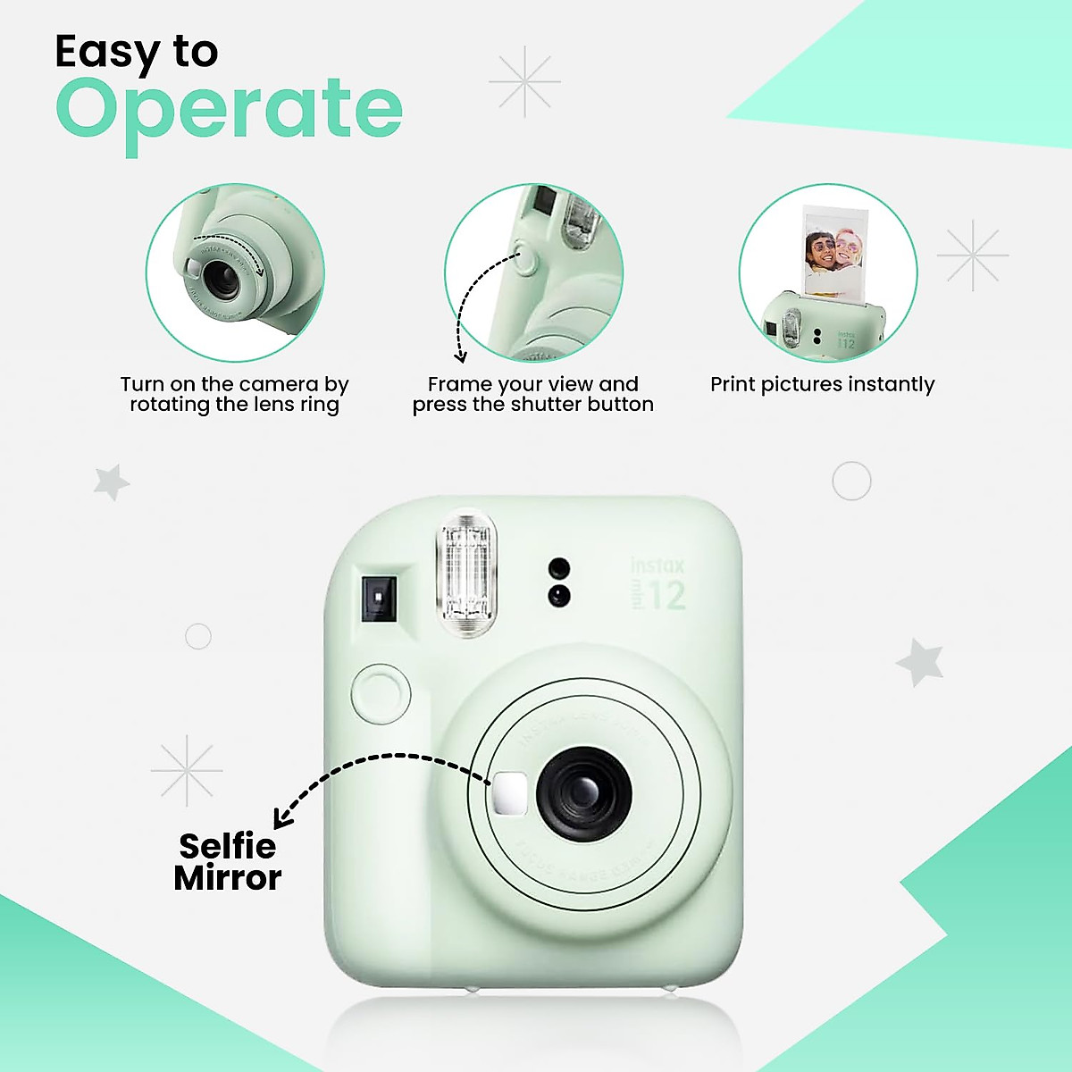 Fujifilm Mini 12 Instant Camera Starter Bundle: Includes Mini Film Value Pack (60 Sheets) + 4 Pack AA Batteries + Lens Cleaning Cloth (Mint Green)