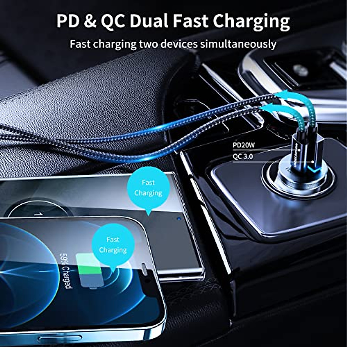 UNBREAKcable USB C Car Charger 38W Fast Charging [All Metal] PD & QC 3.0 Dual Port Type C Car Adapter for Apple iPhone 14 13 12 11 Pro Max Mini SE XS XR X 8 7 6 Plus iPad Samsung Galaxy Android Phone