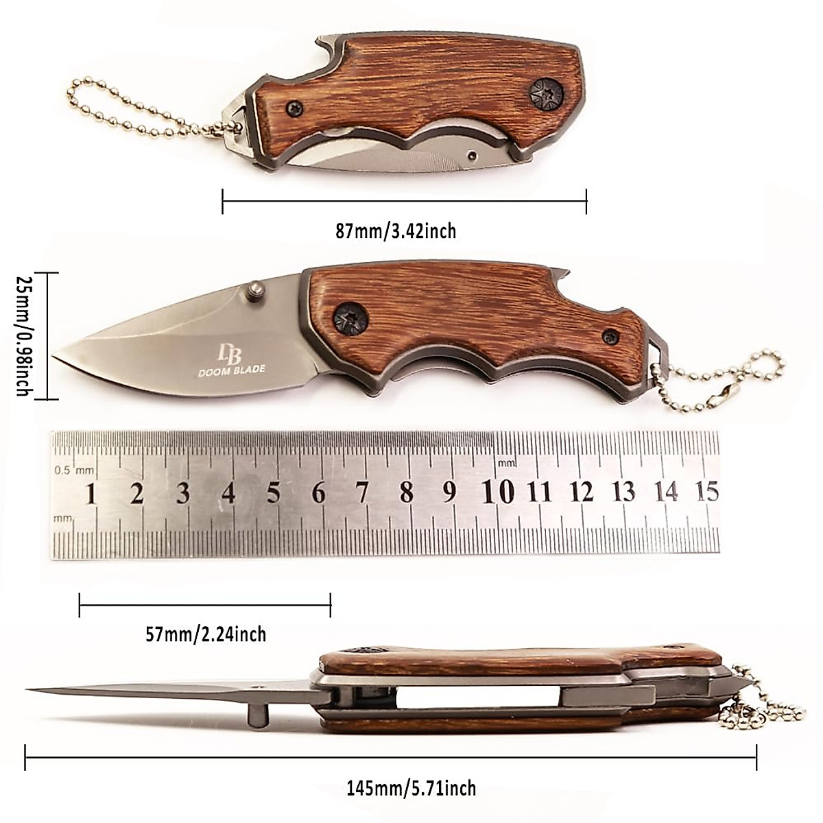 DOOM BLADE Folding Pocket Knife with Wood Handle,7Cr13Mov Hard Steel Blade,Hunting EDC Knife Multi-tool Survival Knife with Keychain and Bottle Opener,Lightweigt,for Outdoor Camping (Type-2)