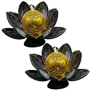 EMINGSKY 2 Pack Solar Lotus Flower Light Outdoor Garden Decoration Amber Crackle Glass Metal Lotus Ornaments Landscape Light for Lawn Balcony Patio Pathway Decor (Silver)