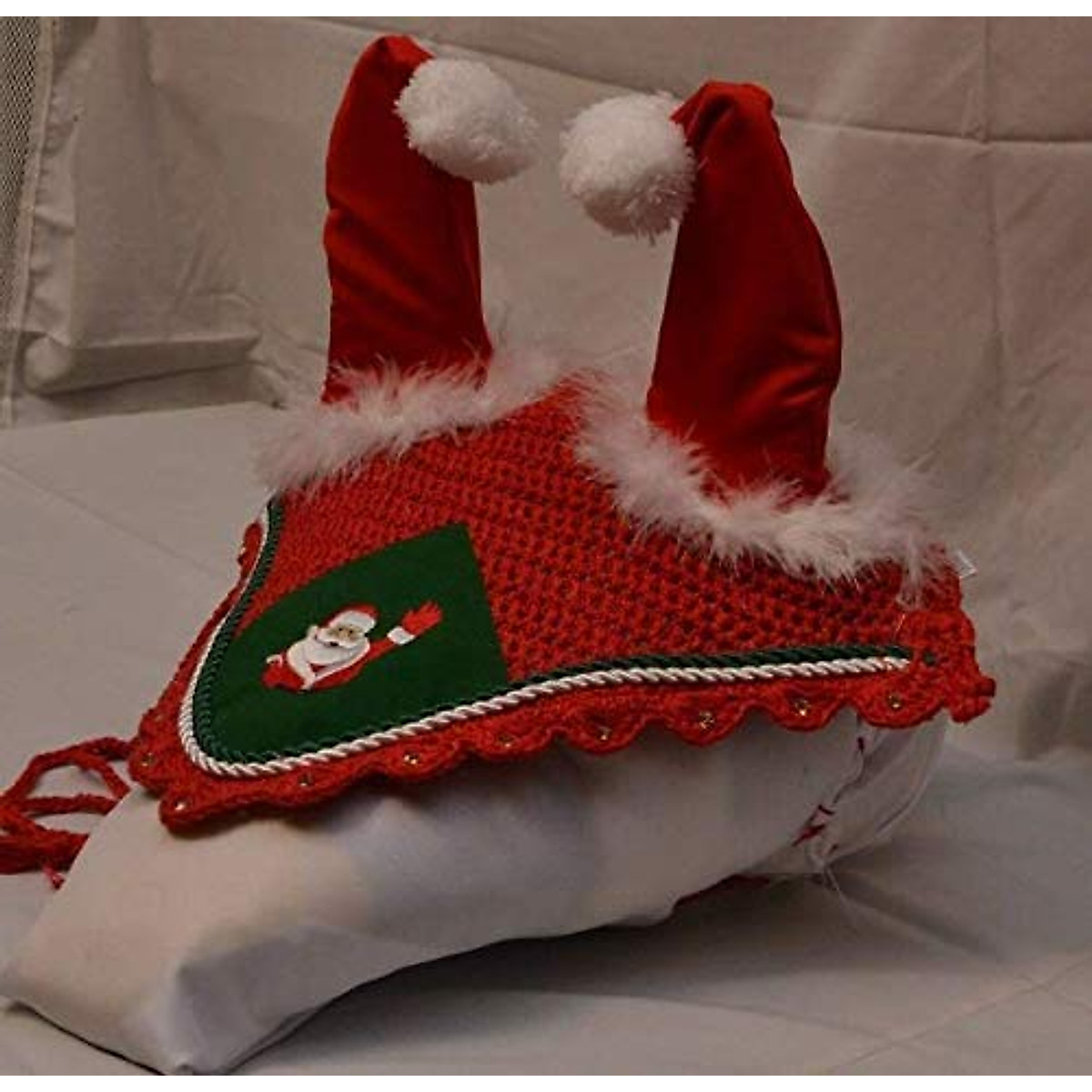 Lift Sports Horse Christmas Santa Claus Fly Bonnet with Ears NET Breathable Cotton Hand Made Crochet TACK Shows Equestrian Fly Veil Hood MASK (Horse/Full)